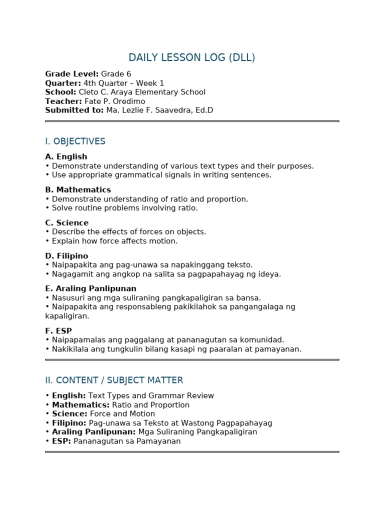 Grade 6 DLL - Quarter 4 Week 1 | PDF | Teachers | Learning