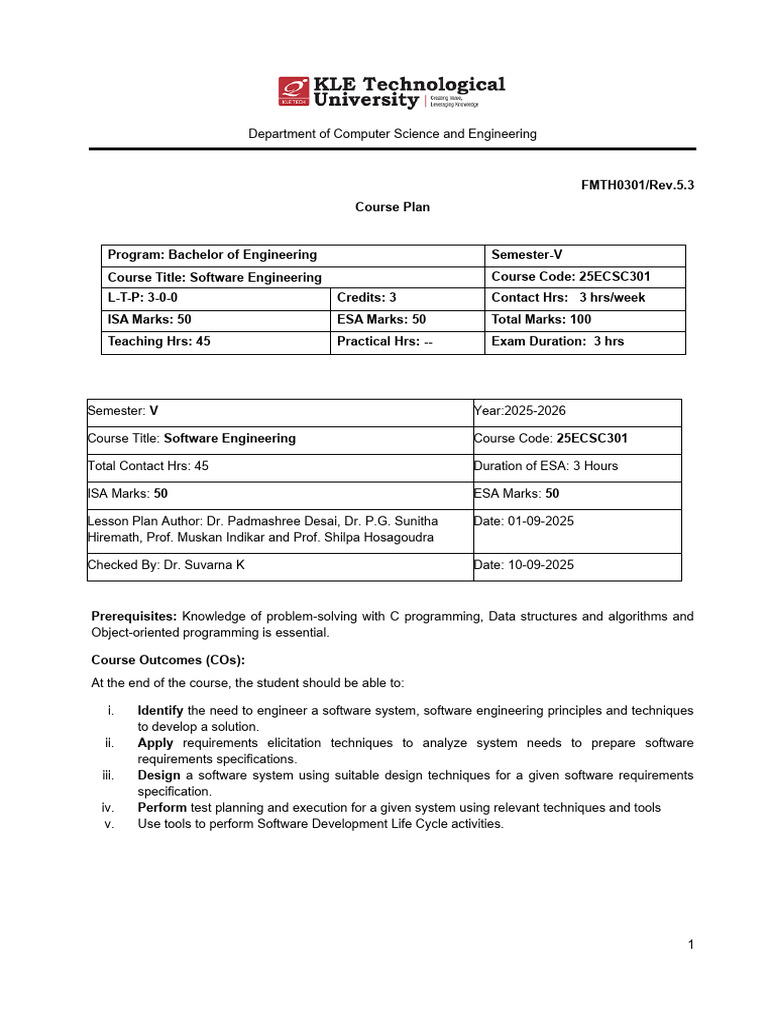 Final-SE Lesson Plan 25ECSC301(CS) 18-10-2025 | PDF | Scrum (Software Development) | Agile ...
