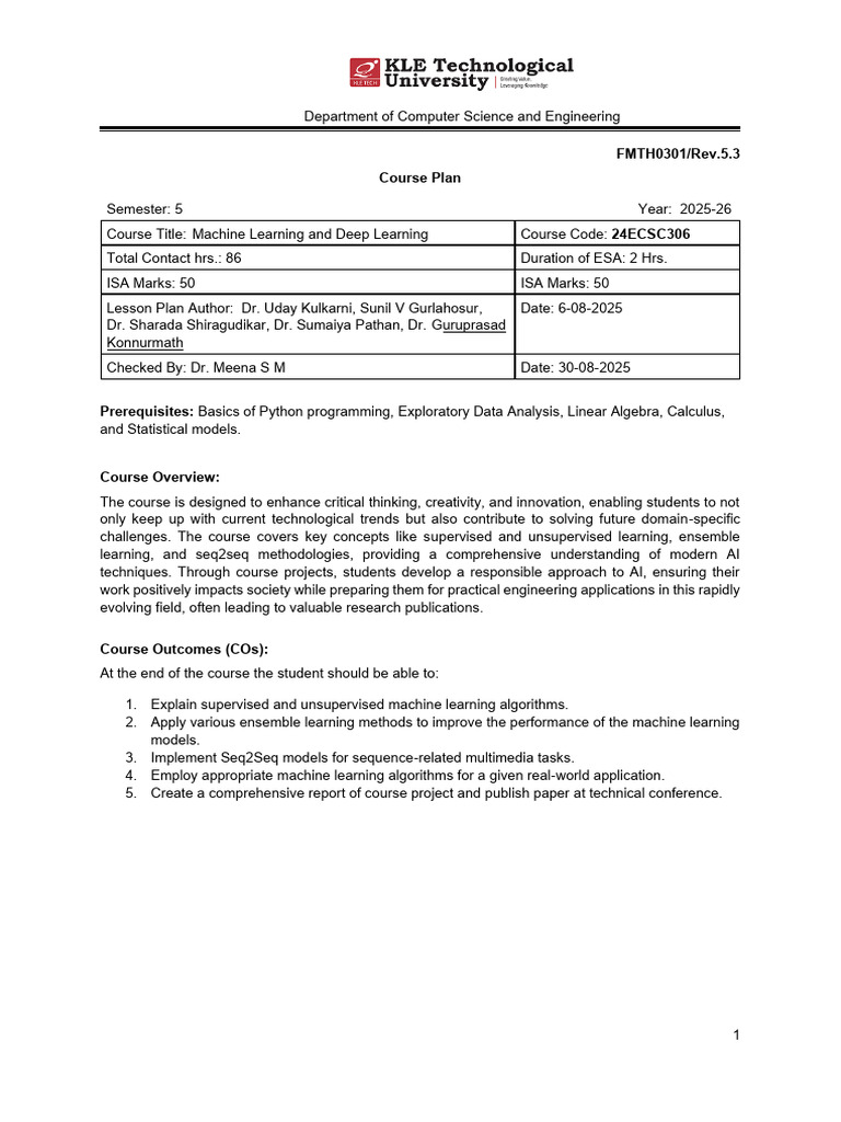 Machine Learning and Deep Learning Lesson Plan (24ECSC306) | PDF | Machine Learning | Deep Learning