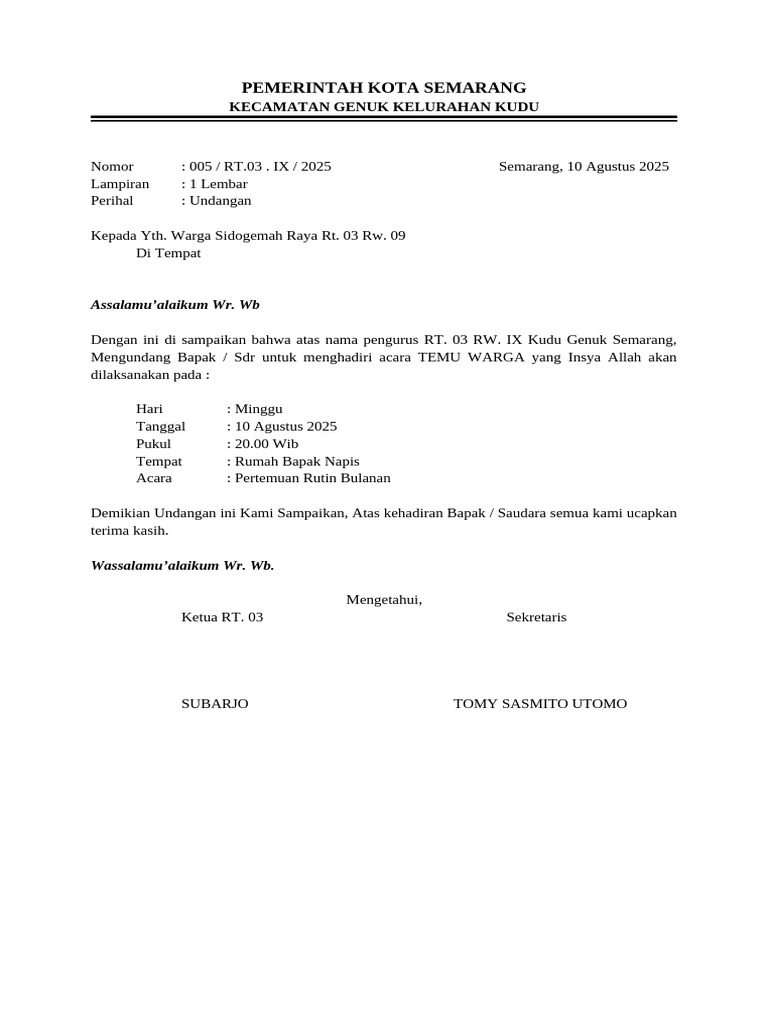 Undangan & Notulen Rt. 03 Rw. 09 | PDF