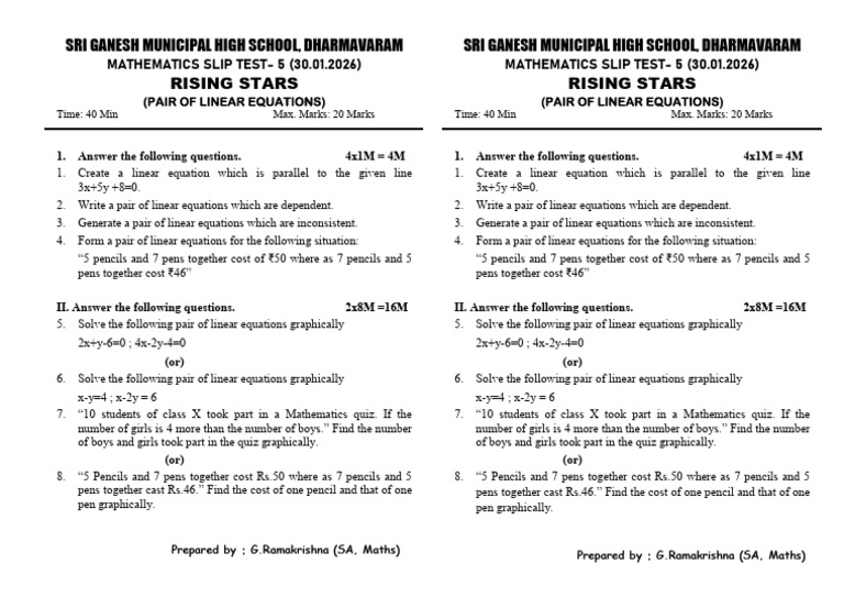 10th Maths EM Slip Test_4 (Raising Stars)-1 | PDF | Equations | Chess ...