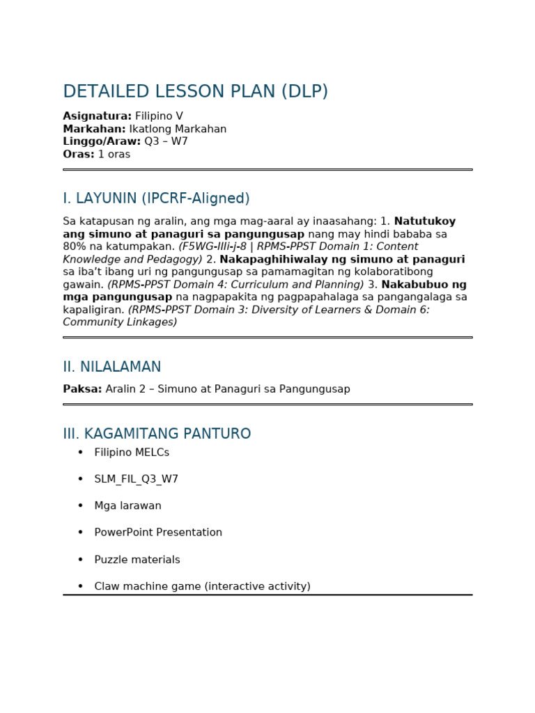 DLP Sa Filipino V - Simuno at Panaguri | PDF