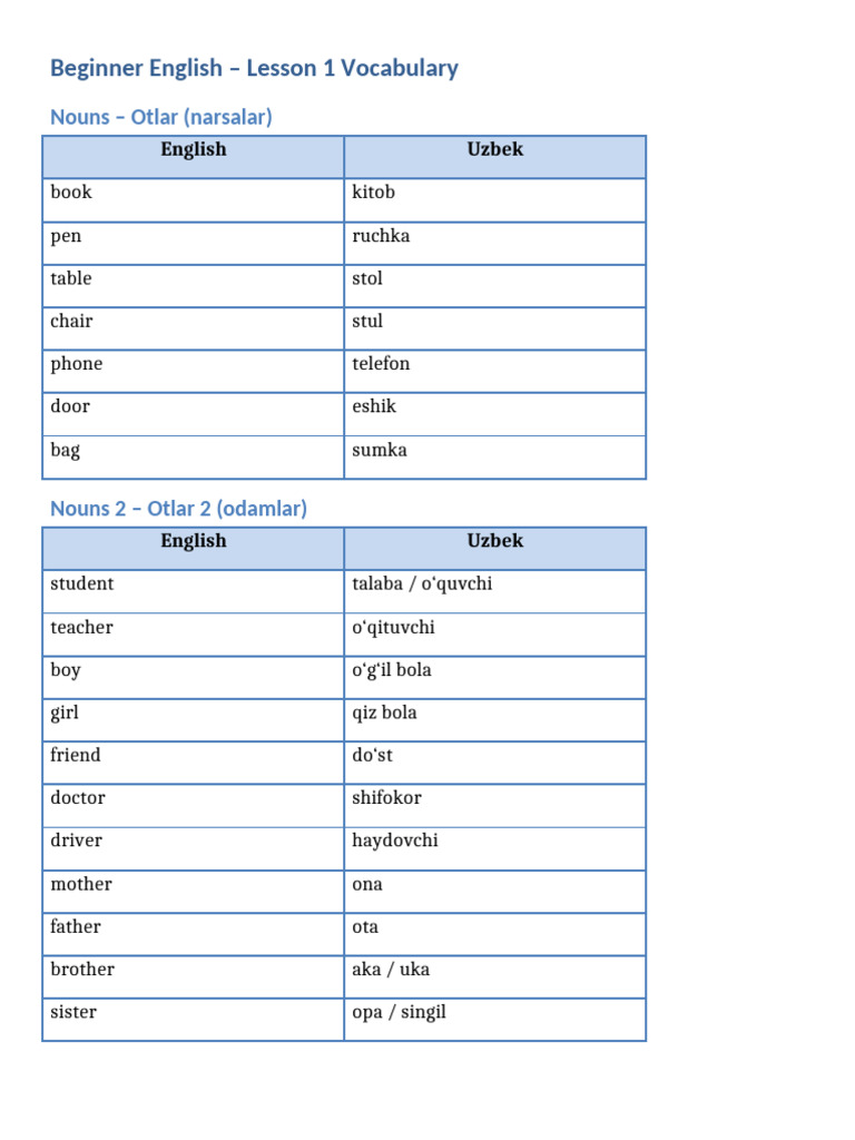 Beginner Lesson 1 Vocabulary WITH PLACES | PDF