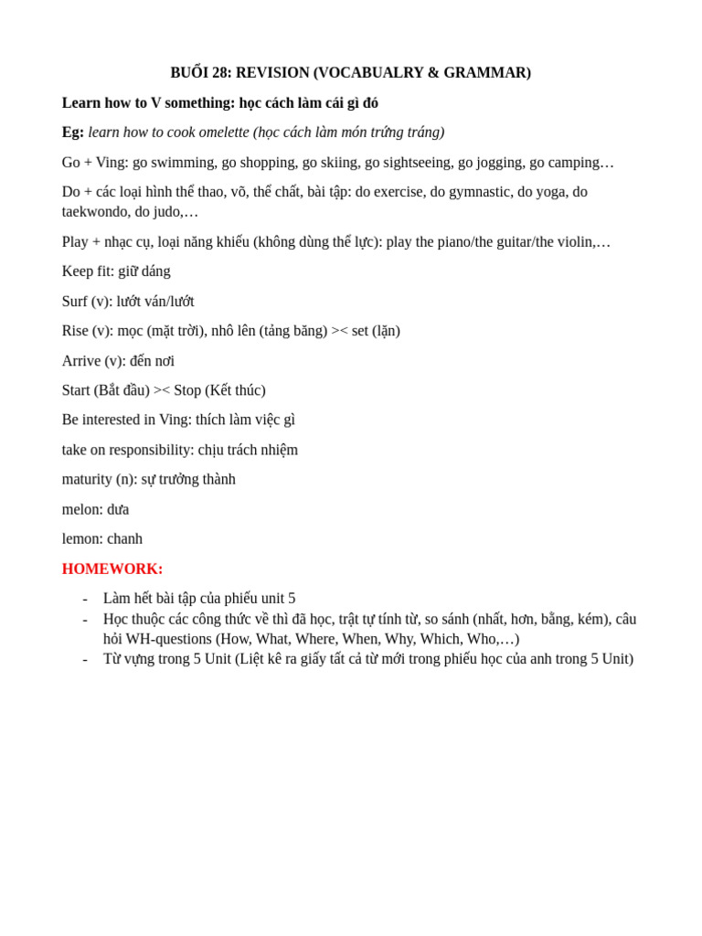 Bu I 28 - Revision (Vocabulary & Grammar) | PDF