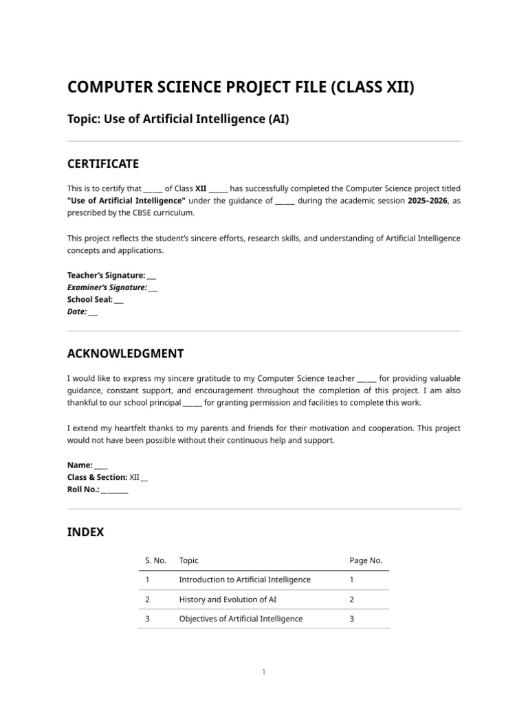 Class 12 Computer Science Project - Use of Artificial Intelligence | PDF | Artificial ...