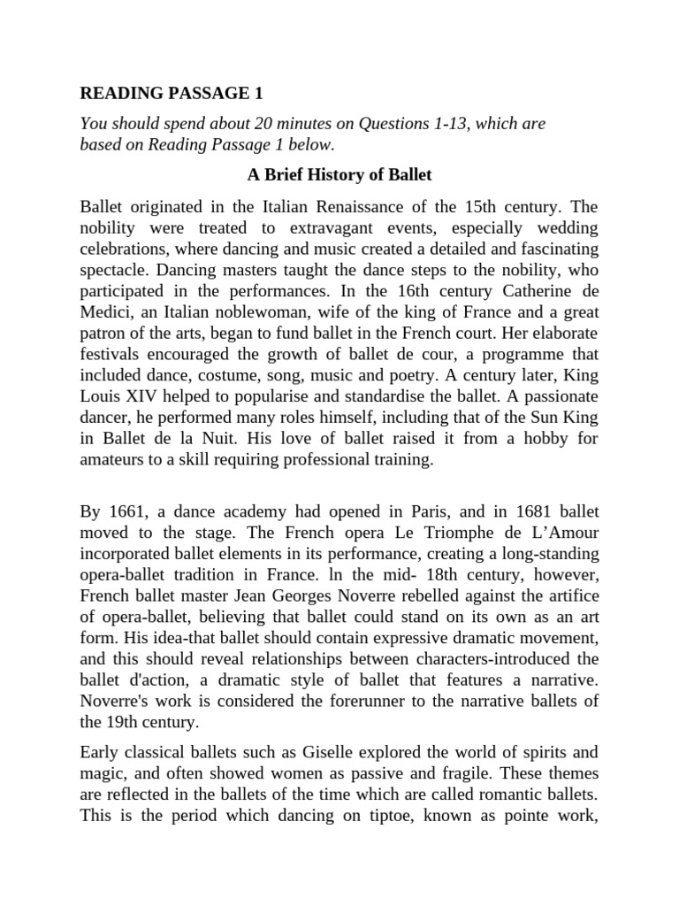 Reading Passage 1 - A Brief History of Ballet | PDF | Ballet ...