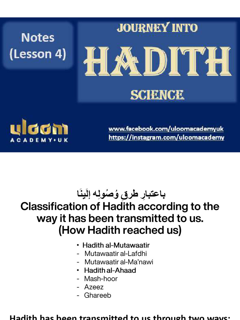 Notes (Lesson 4) - Science of Hadith - Hadith Mutawaair & Ahaad | PDF ...