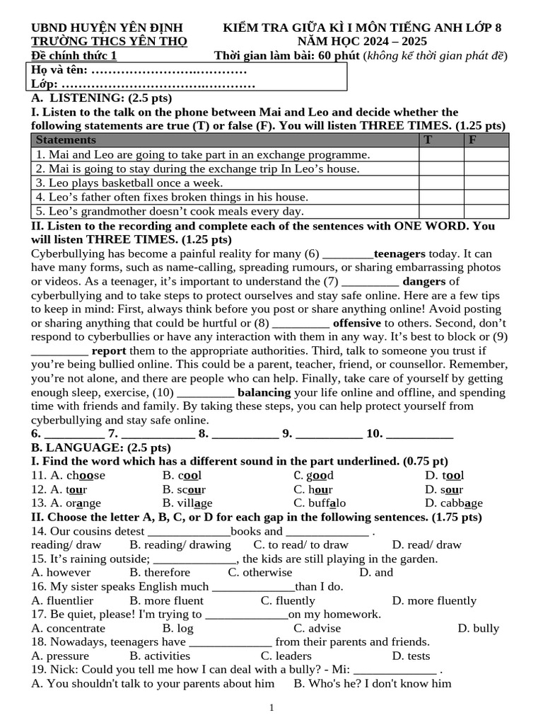 Anh 8 - Midterm Test (Officcial 1) | PDF
