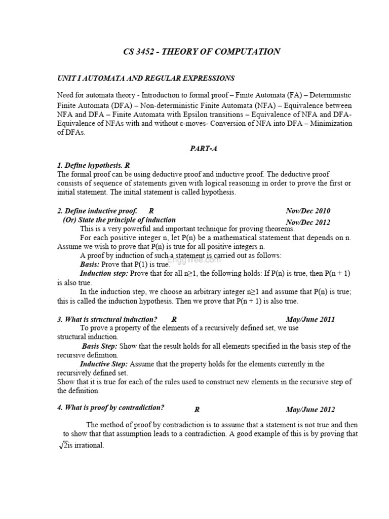CS3452 Theory of Computation Two Mark Questions 1 PDF | PDF ...