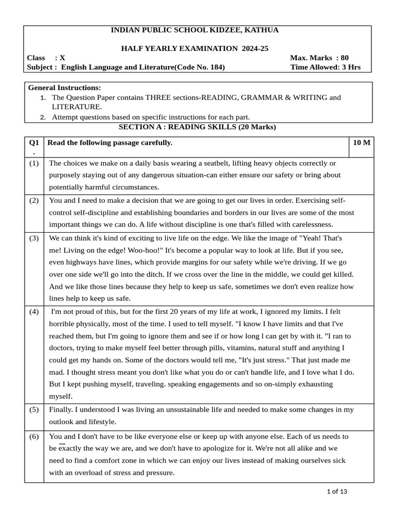 Final Question Paper X-EnGLISH | PDF | Child Labour | Poverty
