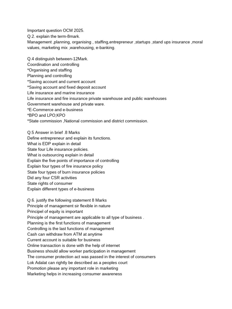 Important Question OCM 2025 | PDF | Marketing | Insurance