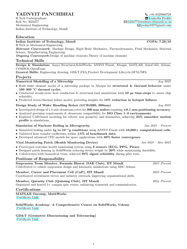 Yadnyit Resume | PDF | Simulation | Finite Element Method
