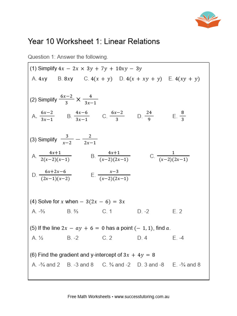 Year 10 Worksheet 1 Linear Relations | PDF | Mathematical Concepts ...