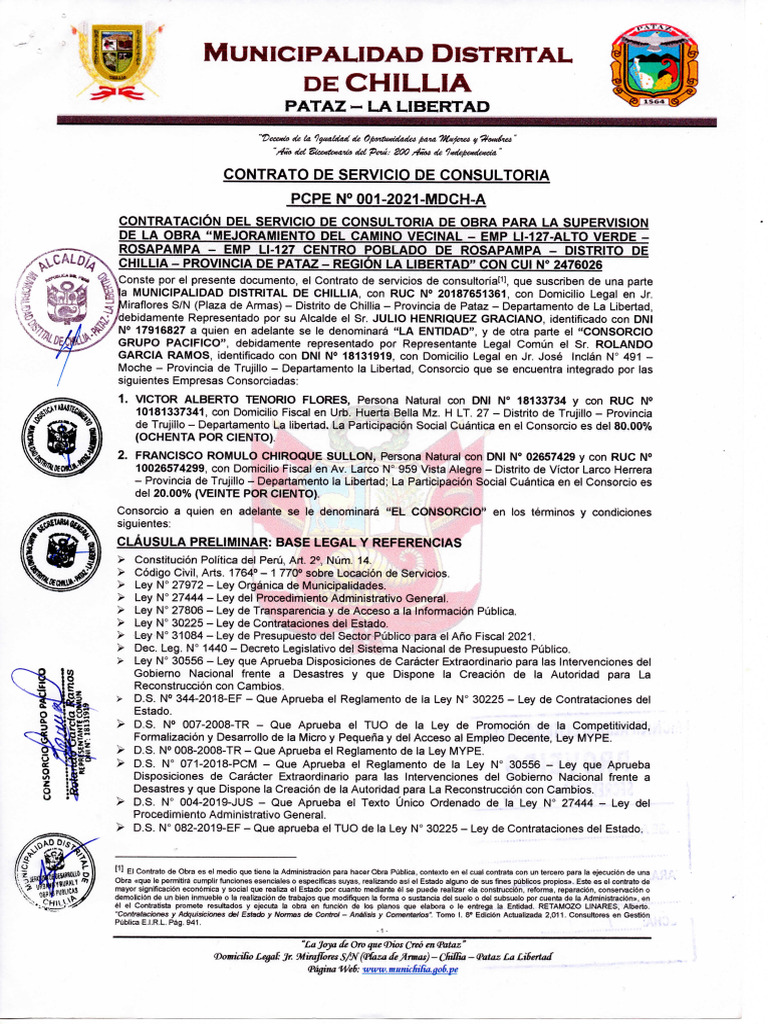 Contrato de SUPERVISION de OBRA por 299,555.64 soles -Munic. Distr. de ...