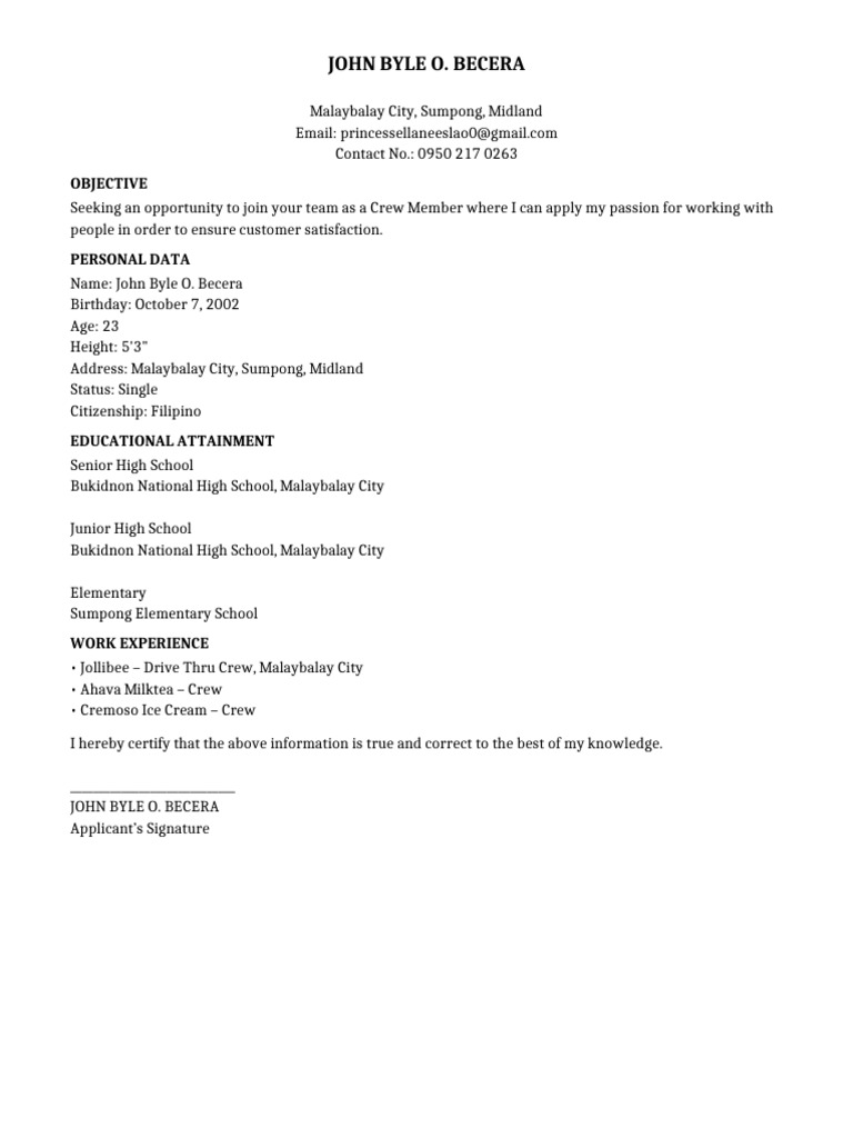 John Byle Becera Resume Exact Format | PDF