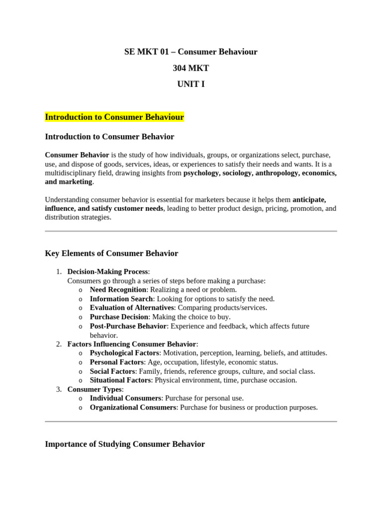 Consumer Behaviour Unit I | PDF | Consumer Behaviour | Behavior