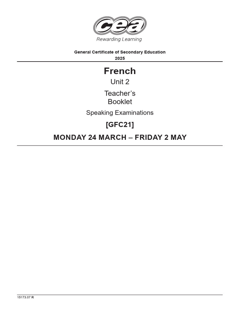 GCSE French 499 Summer2025 Unit 2, Speaking (Teacher' S Booklet) Paper ...