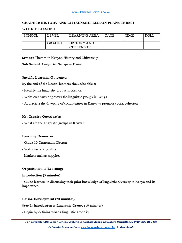History Lesson Plan Grade 10 | PDF | Learning | Kenya