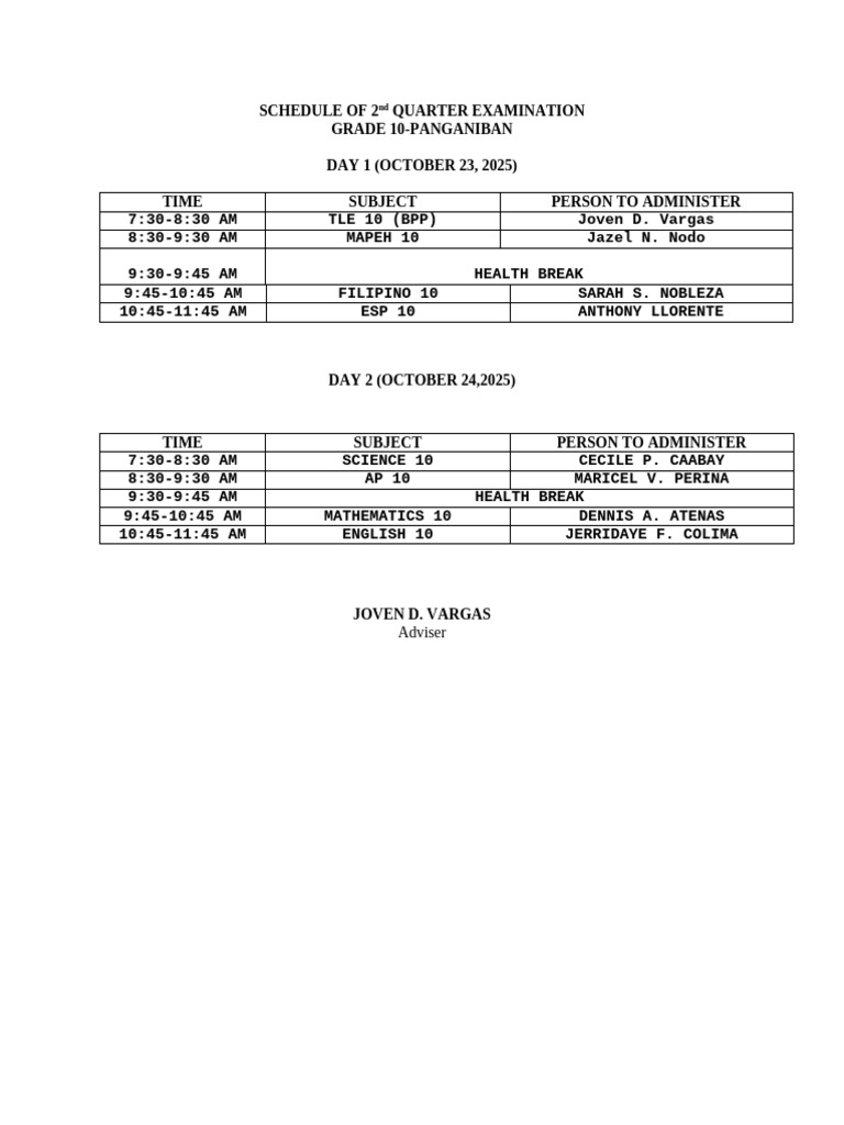 Schedule of 2nd Quarter Examination | PDF