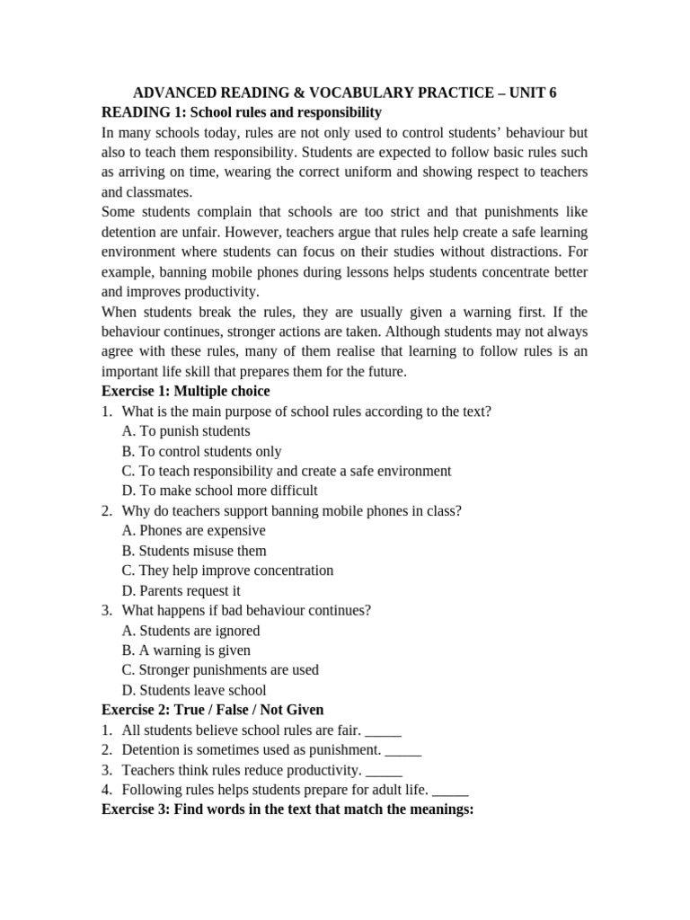 Unit 6 Advanced Reading Vocabulary | PDF | Adolescence | Teachers