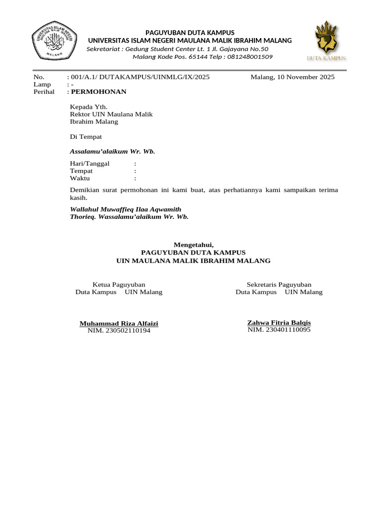 Surat Permohonan Audiensi Duta Kampus | PDF