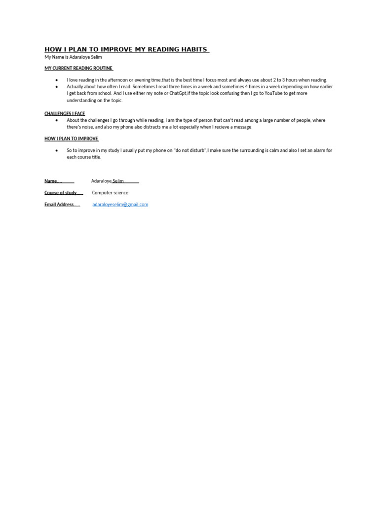 Reading Plan(Adaraloye Selim) (2) | PDF