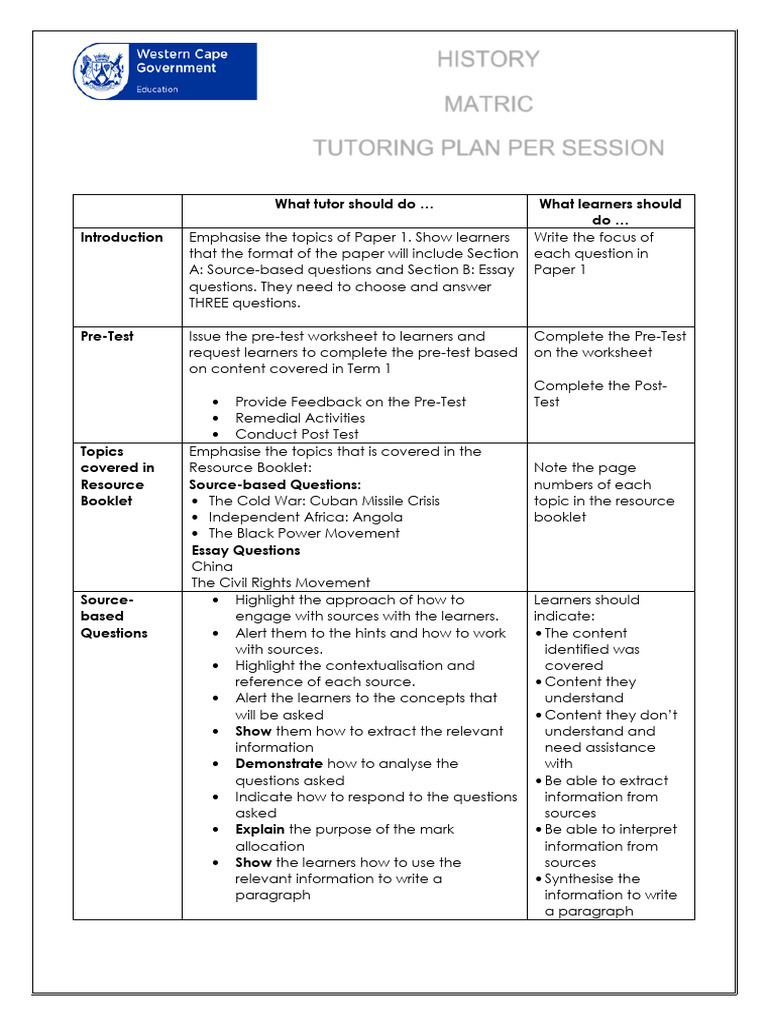 HISTORY TUTORING PLAN PER SESSION | PDF | Cognitive Science | Cognition