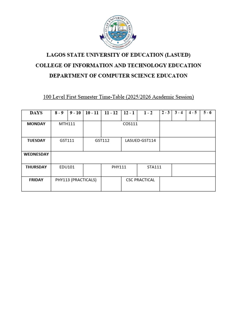 100 Level Csc Time Table-1 | PDF