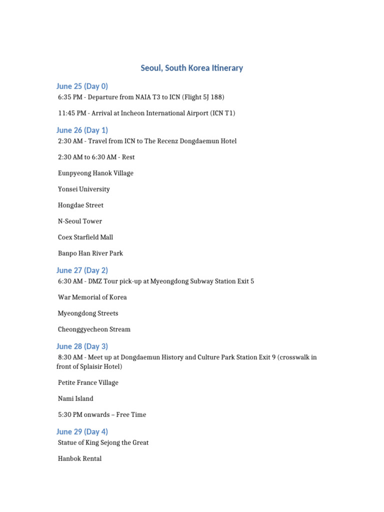 Seoul Itinerary June 2025 | PDF