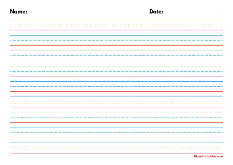 Blue and Red Name and Date Handwriting Paper 1 2 Inch Landscape A4 ...