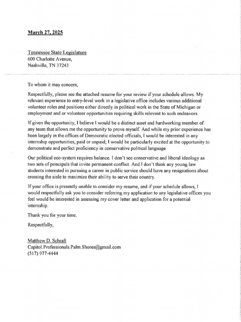 Schraft - Tennessee State Legislature - Cover Letter - 4!2!25 | PDF