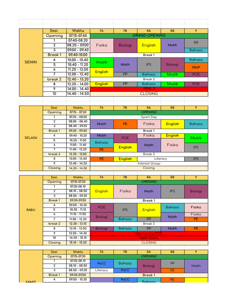 Jadwal JHS 25 26 Time Table Class | PDF