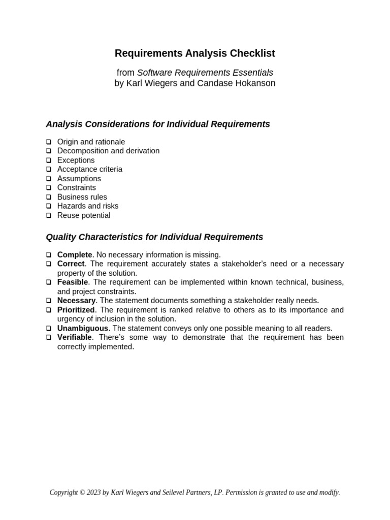 Requirements Analysis Checklist | PDF