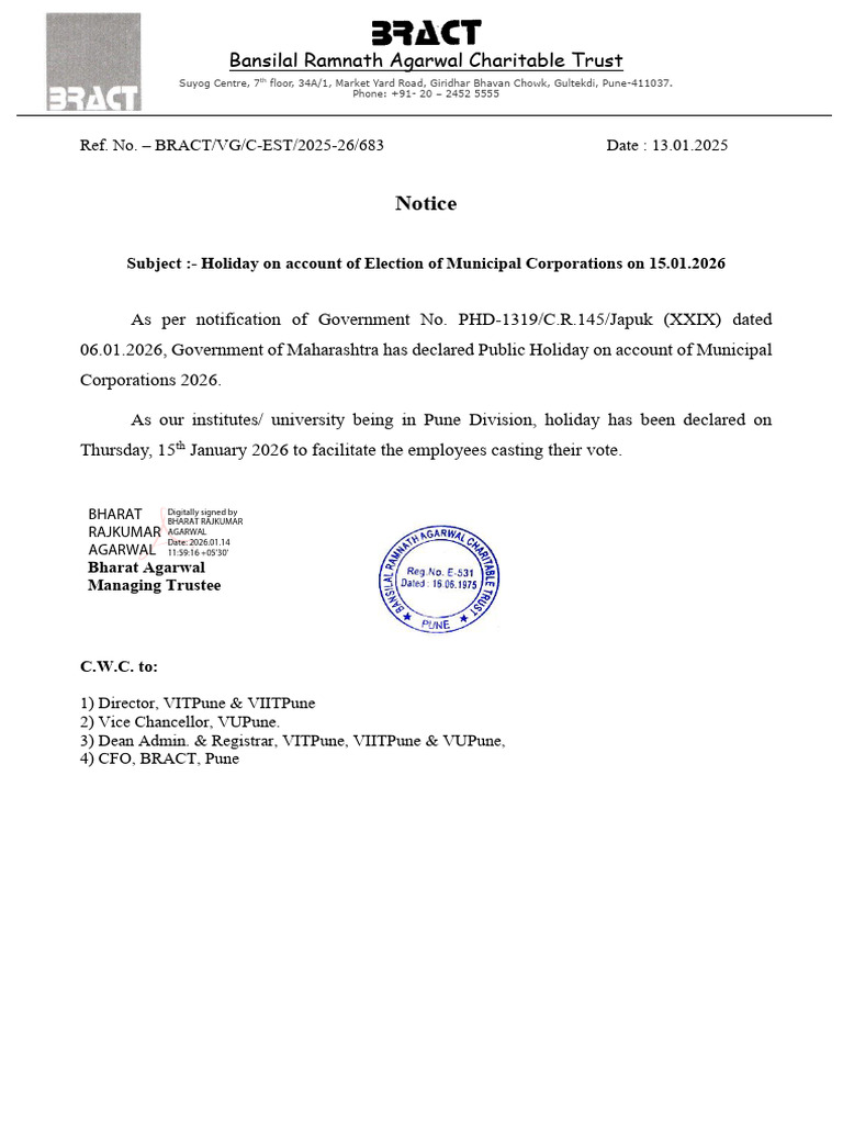 Notice - Reg. PMC Election Holiday On 15.01.2026 | PDF