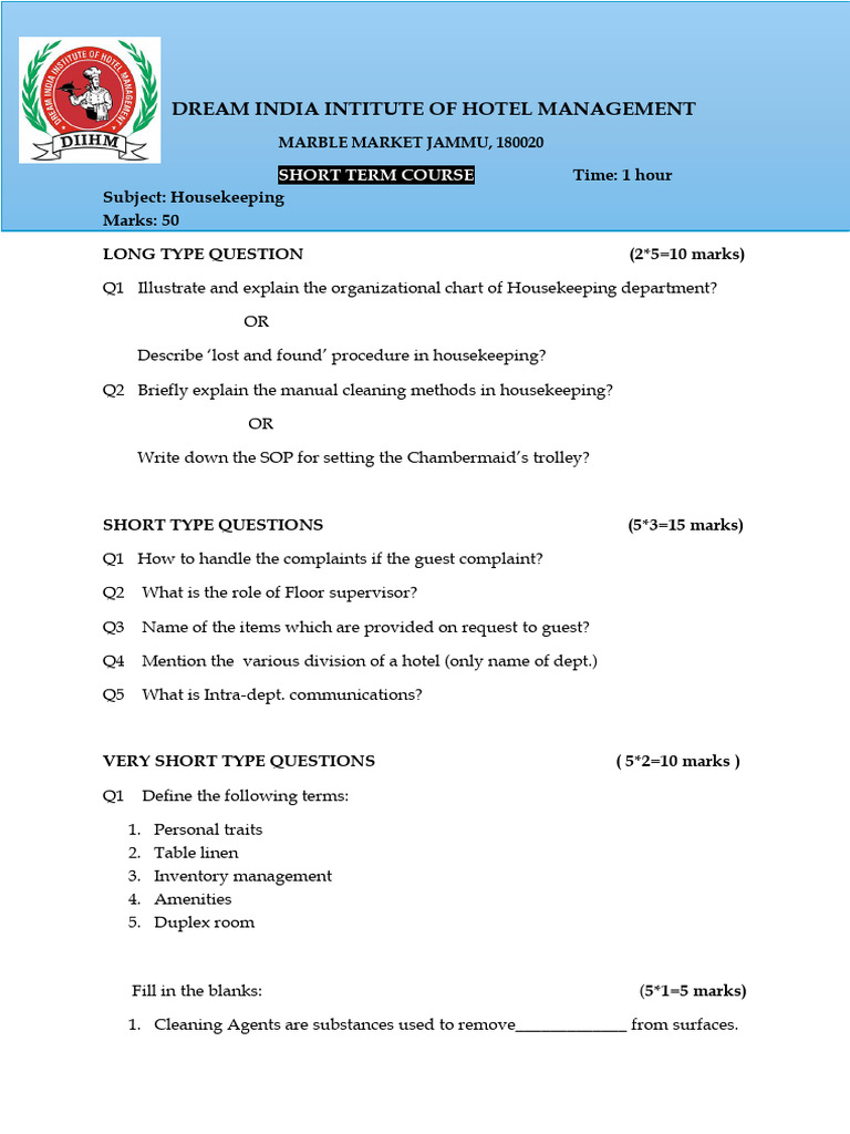 Dream India Intitute of Hotel Management - - -Housekeeping (1) (1 ...