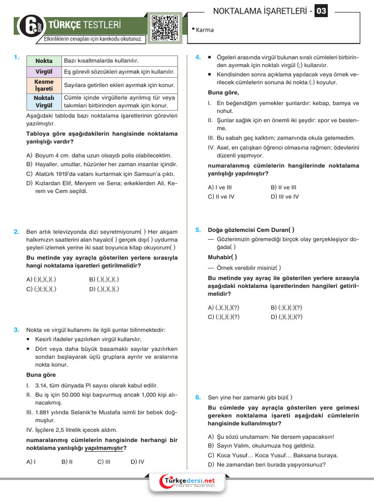 Sinif Indirilebilir Testler 03 Noktalama Isaretleri Cevapsiz | PDF