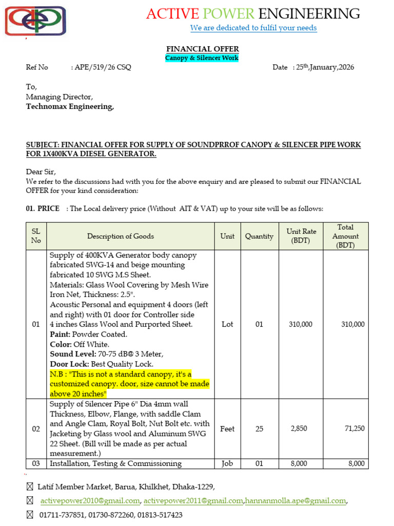 519.Offer for Canopy & Silencer Pipe Work Technomax Engineering ...