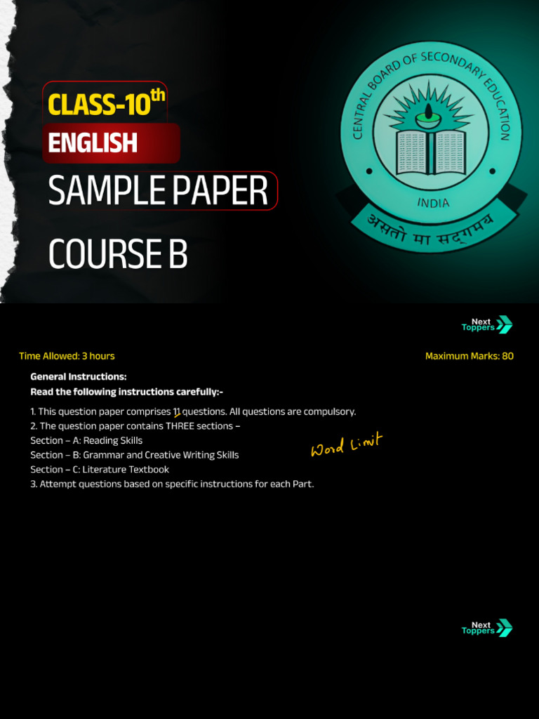 CBSE 2025 - Sample Paper - Class 10th - English - Course B | PDF
