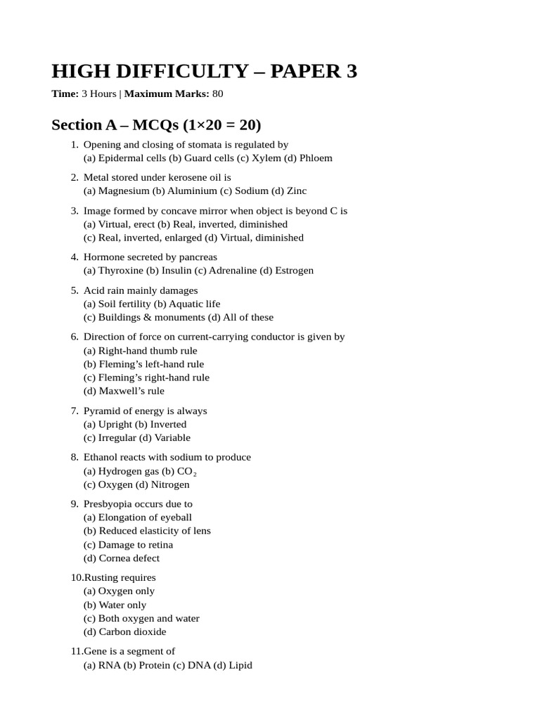 Science Class 10 Qs Paper High Difficulty | PDF | Metals | Carbon Dioxide