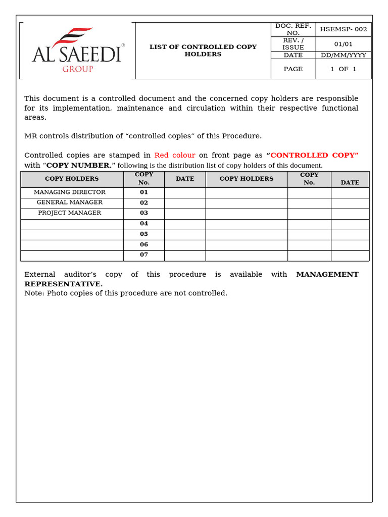 Hsems Procedures Control Copy Holders 002 | PDF