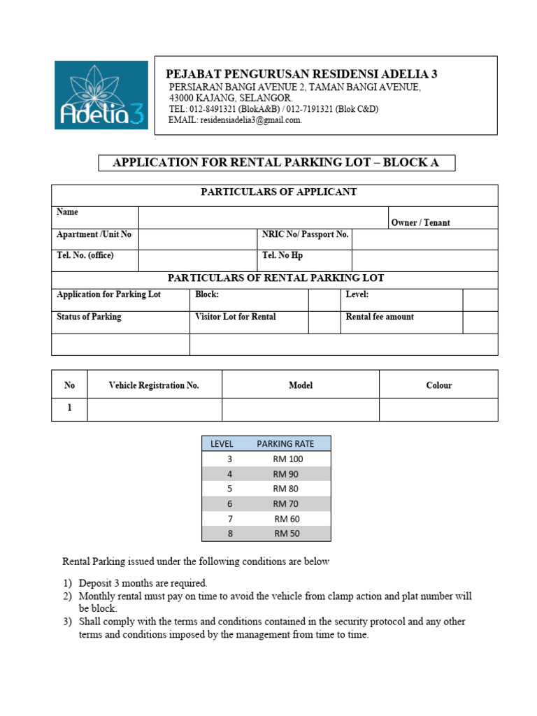 Form Rental Parking Block A | PDF