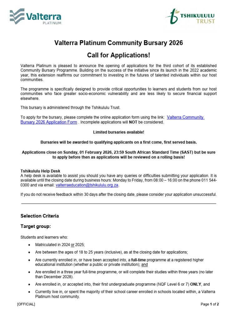 Valterra Community Bursary 2026 Advert | PDF | Educational Stages