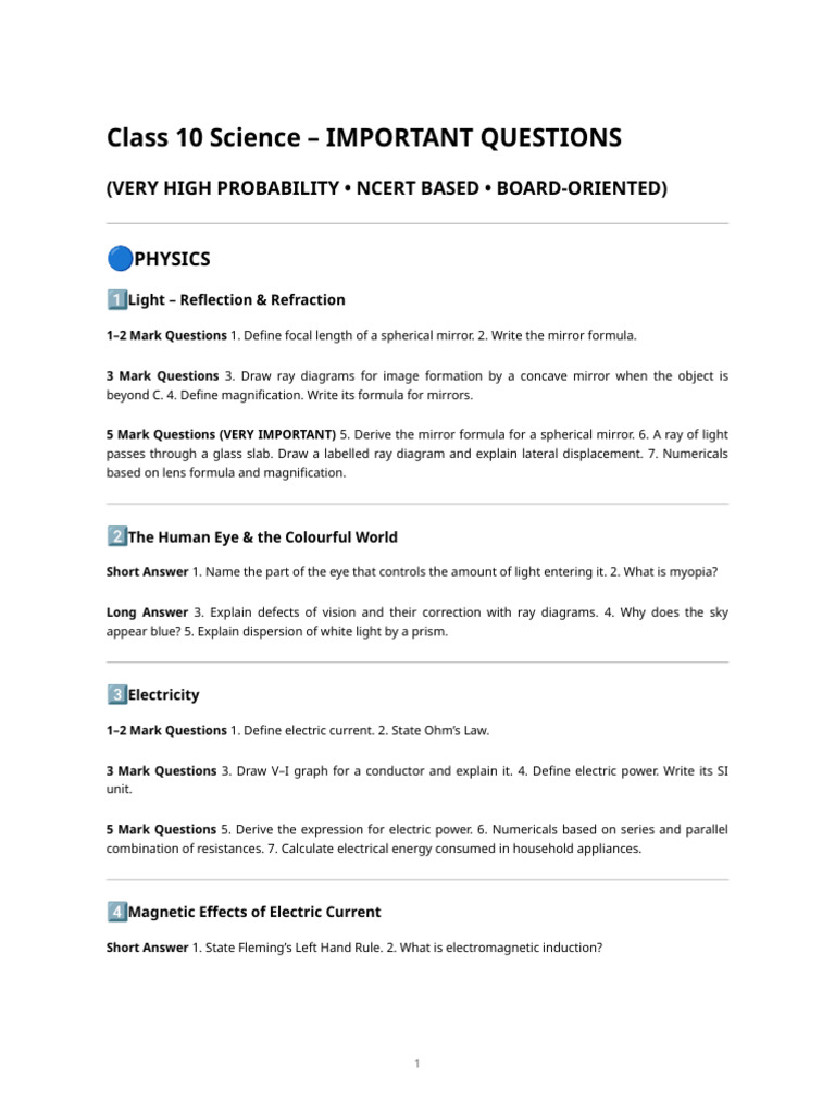 Class 10 Science – Important Questions (Very High Probability) | PDF ...