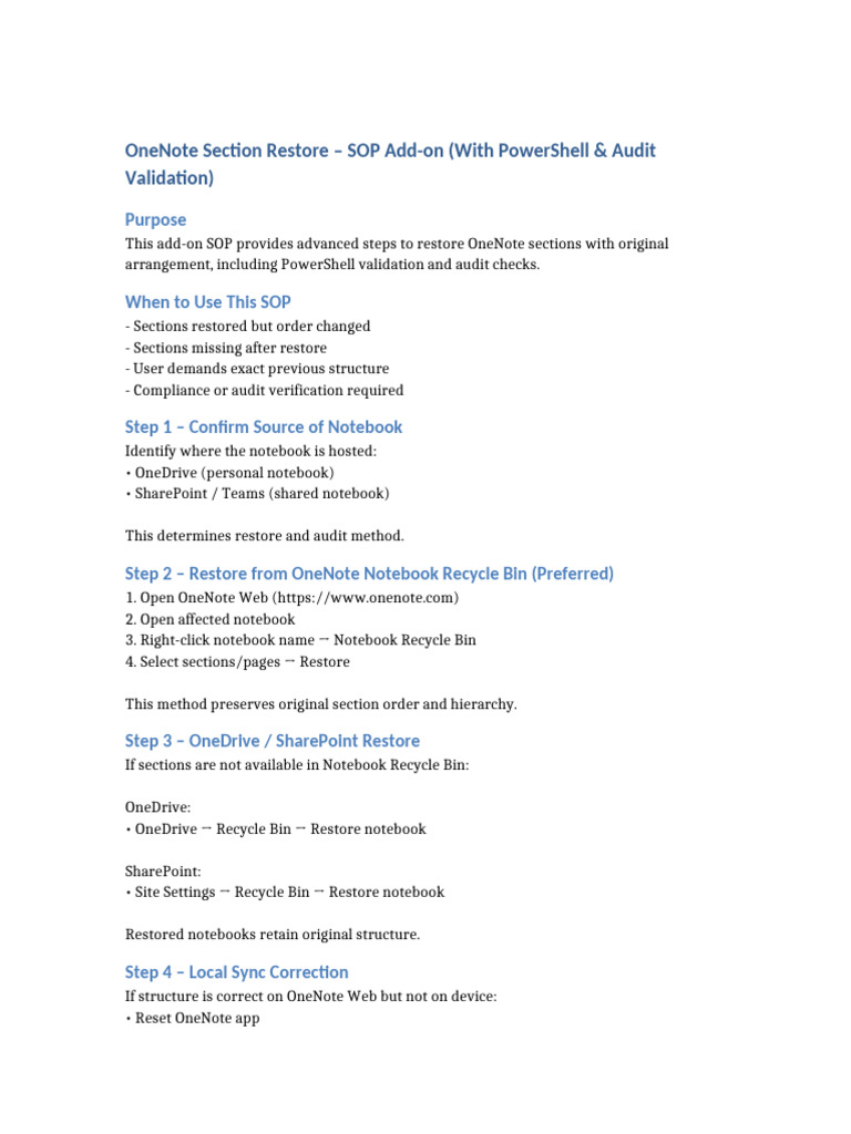 OneNote Section Restore SOP Addon | PDF