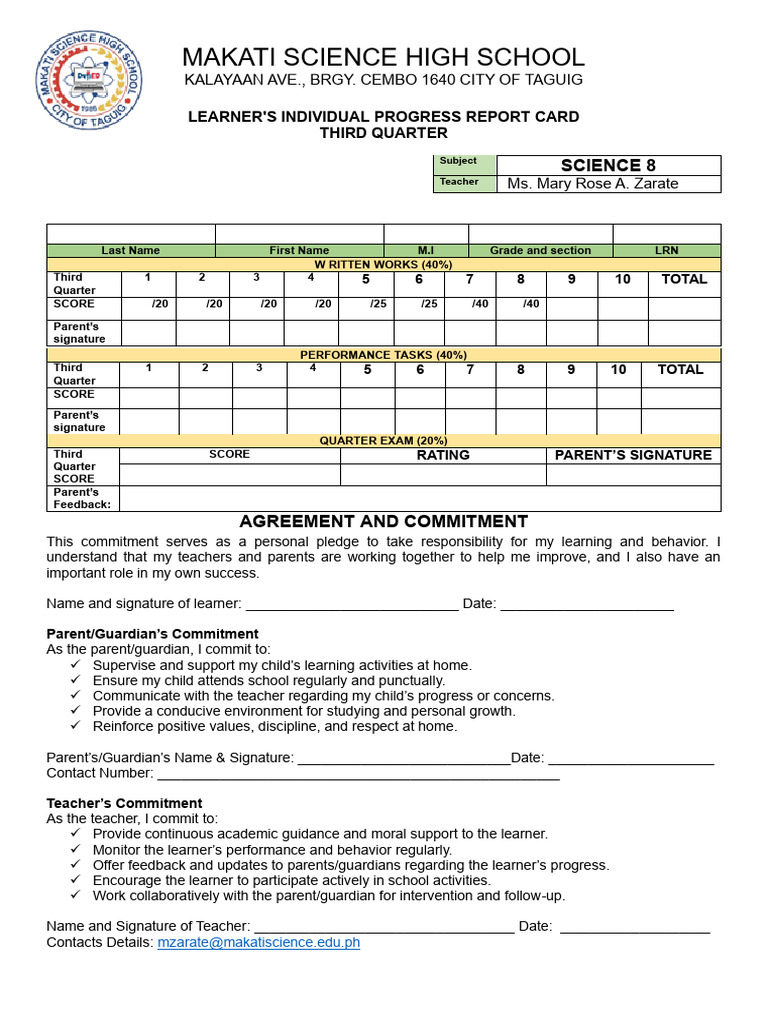 Q3 Q4 SCIENCE 8 LIR Agreement and Commitment Form | PDF | Learning ...
