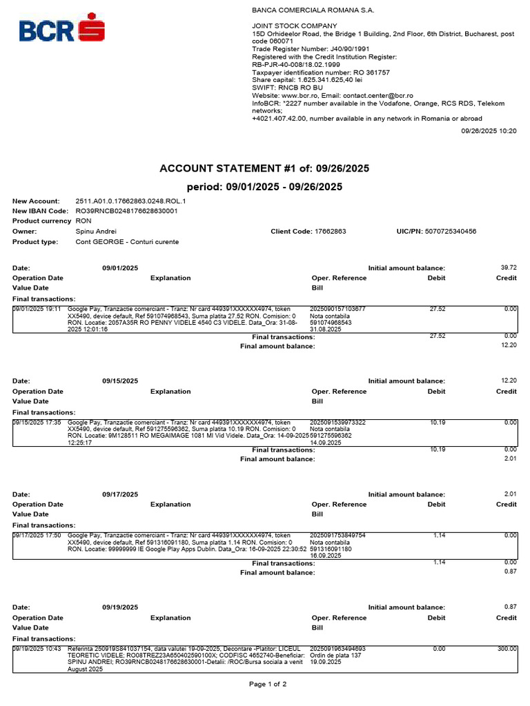 Extras de Cont - 20250926 - 102240 | PDF | Deposit Account | Banks