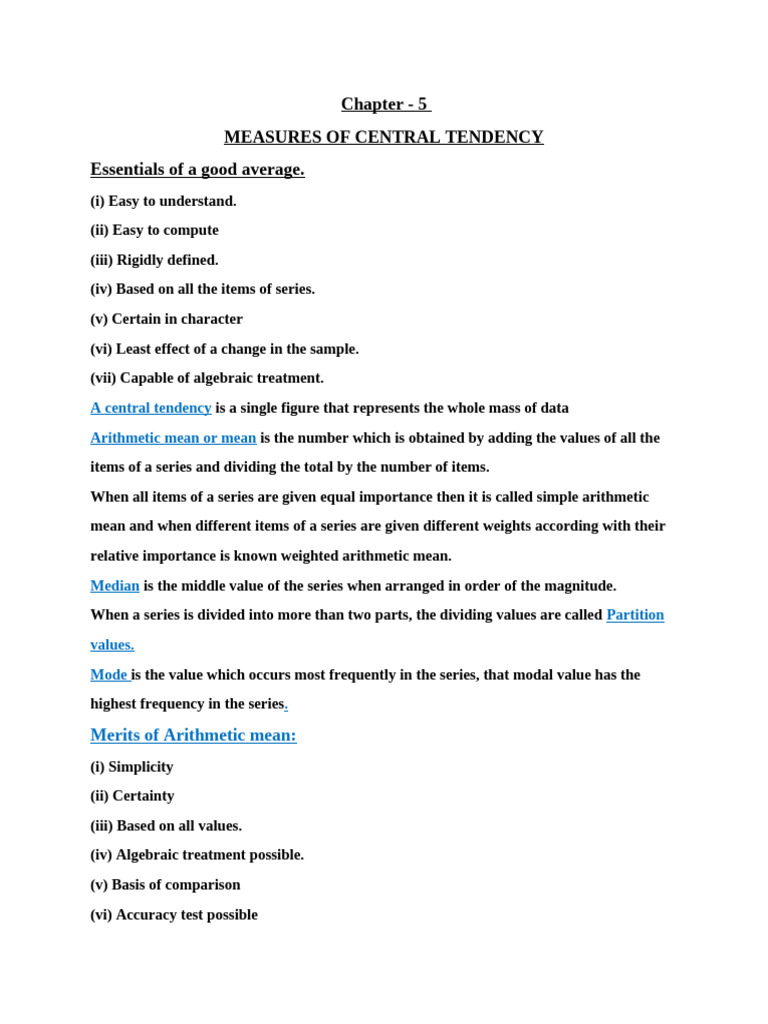 Statistics - Measures of Central Tendancy Notes | PDF | Mean | Median