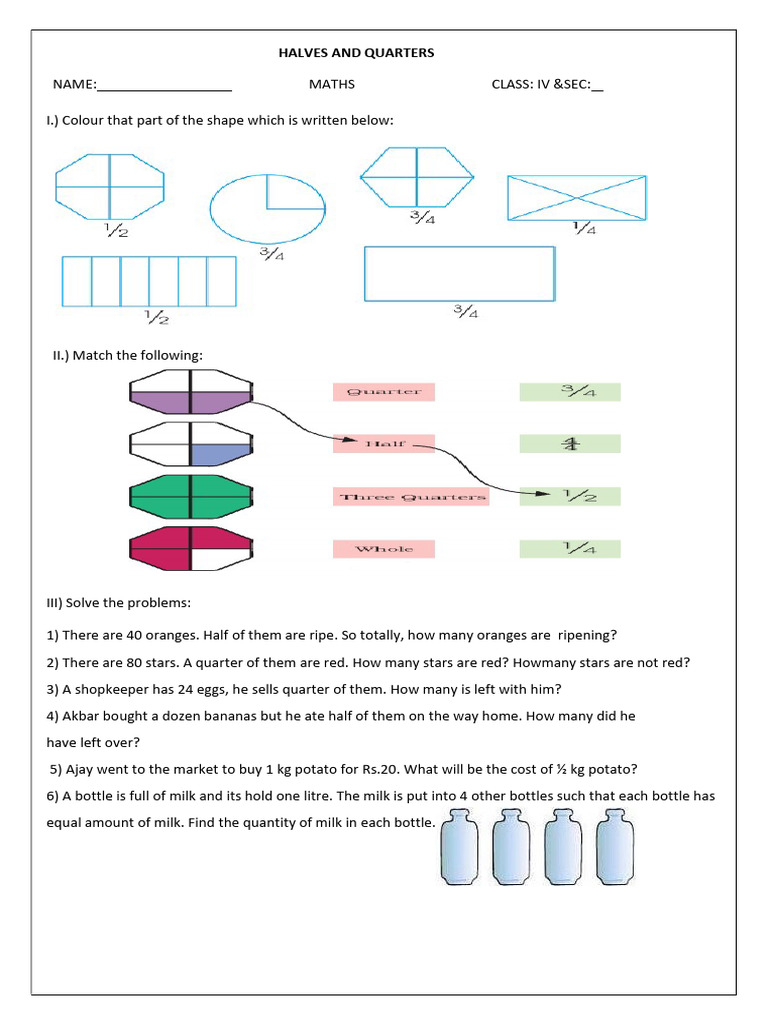 Halves and Quarters Work Sheet 3 | PDF