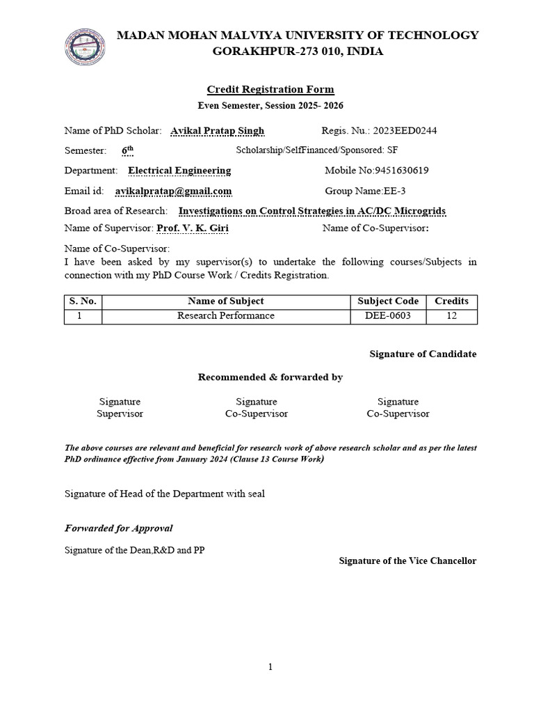 Credit Registration Form 6th | PDF