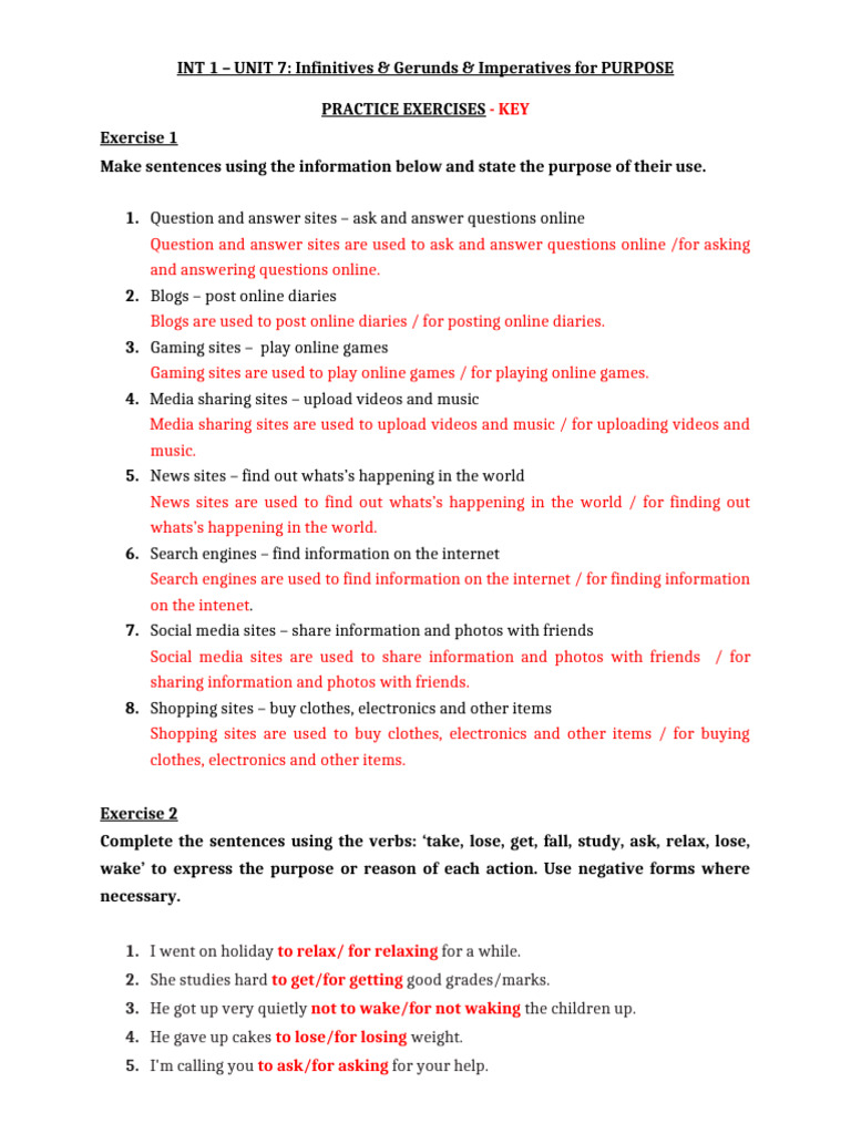 INT 1 - UNIT 7 (PURPOSE-Statements Imperatives With Infinitives-Gerunds ...